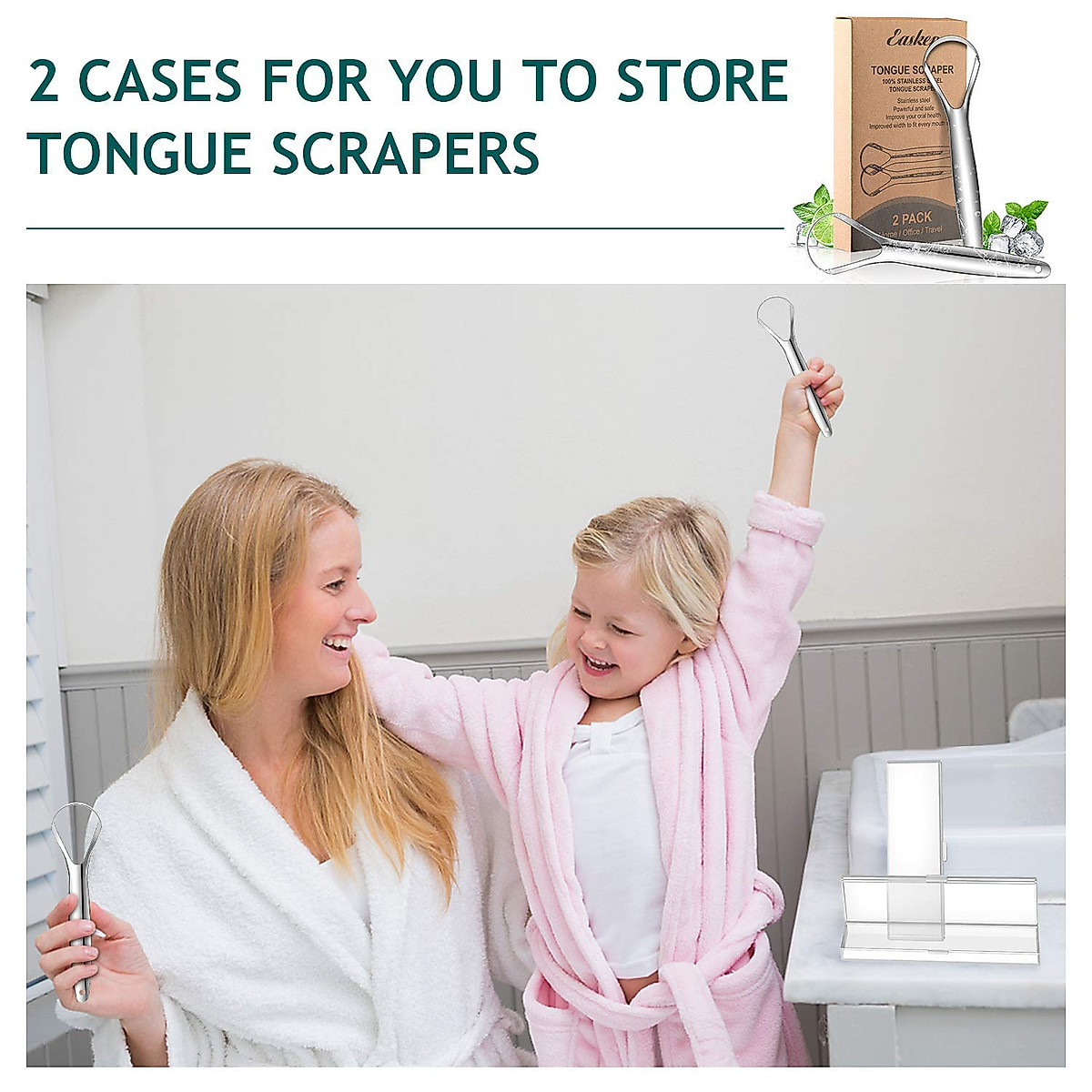 Tongue Scraper (2 Pack), Wide-head Tongue Cleaner with Nice Carrying Box, Easkep 100% Stainless Steel Tongue Scrapers Cleaners, for Men, Women, Adults, Kids，Silver