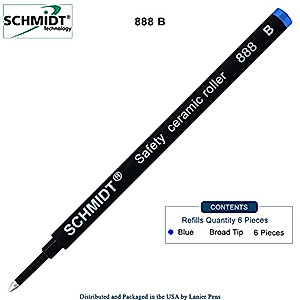 6 Pack - Schmidt 888 (888B) Ceramic Tip Rollerball Refills - Blue Broad/Bold Point