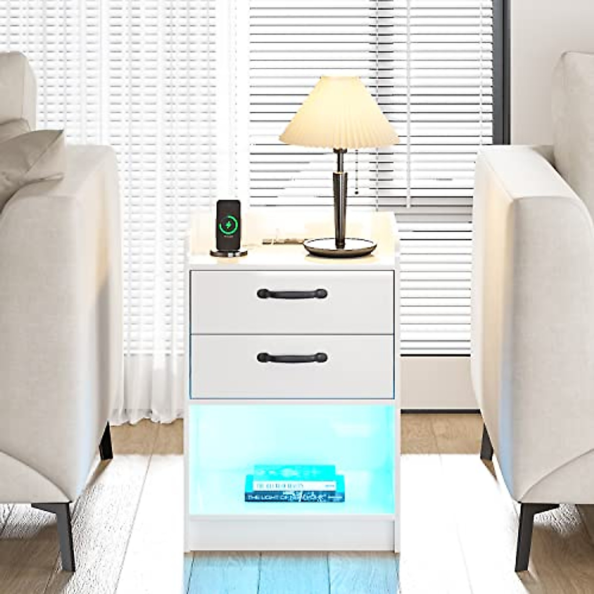 4 EVER WINNER Nightstand Bedroom Side Table End Table Living-Room, Night Stand Bedside Table with USB and Open Shelves,White