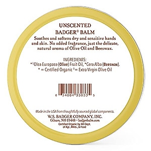 Badger - Unscented Dry Skin Balm, Sensitive Skin Balm, Moisturizing Balm for Dry Cracked Skin, Unscented Balm, Skin Moisturizer Balm, 2 oz