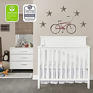 Dream On Me Ava 4-in-1 Convertible Mini Crib in White, Greenguard Gold Certified, Non-Toxic Finish, Comes with 1" Mattress Pad, with 3 Mattress Height Settings