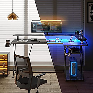 SEVEN WARRIOR L Shaped Gaming Desk with LED Lights & Power Outlets, 55” Reversible Corner Desk with Storage Shelf, Computer Desk with Monitor Stand, Gaming Table with Cup Holder, with Hooks, Black