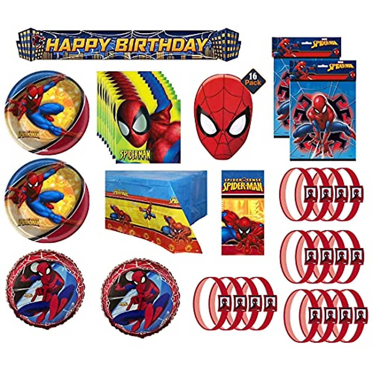 Spiderman Super Hero Birthday Party Supplies Bundle Pack for 16 Includes Dessert Plates, Napkins, Table Cover, Happy Birthday Banner, Paper Masks, Favor Loot Bags, Favor Bracelets, Mylar - 84 Pieces