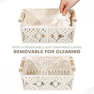 ANMINY 5PCS Macrame Storage Baskets Set Handmade Woven Cotton Rope Storage Bins Decor Boho Nursery Boxes with Wood Handles Removable Washable Linen Liner Countertop Toilet Tank Shelf Cabinet Organizer