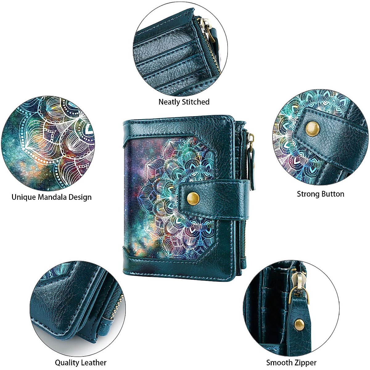 Simikol Women Leather Wallet RFID Blocking Small Bifold Zipper Pocket Wallet Card Case Purse with ID Window,Mandala Nebula