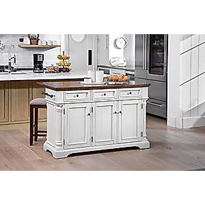 OSP Home Furnishings Cocina Kitchen Island with Wood Top, Drop Leaf and Decorative Steel Hardware, White and Brown