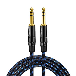 DREMAKE Guitar Cable, Jack 6.35mm/6.5mm 1/4 Inch Amp Cord for Bass Electric Guitar Amplifier, 25FT 6.35mm 1/4 Straight to Straight Stereo Audio Balanced Instrument Patch Cable, Black Blue