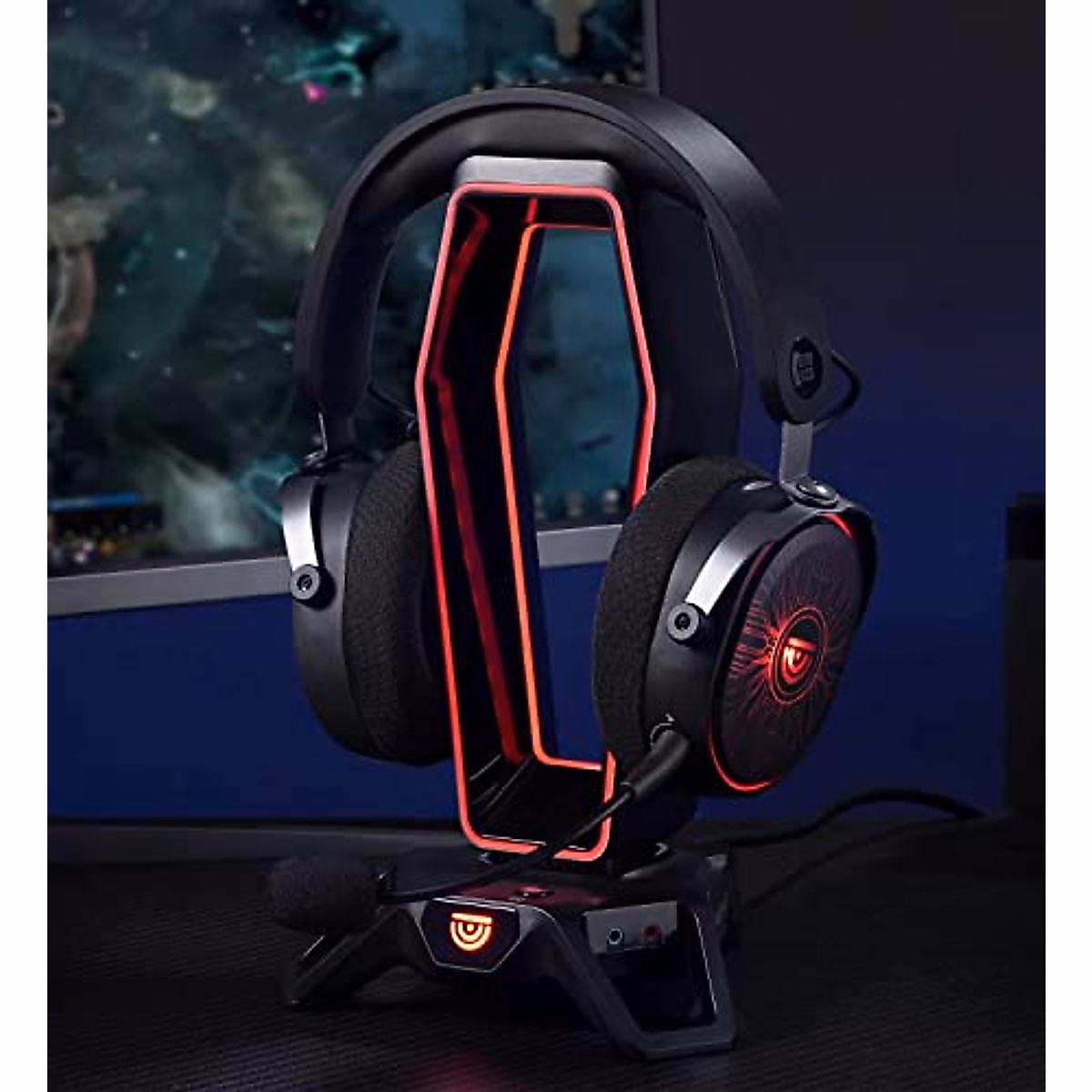 TRUSYO AUDIO THE PORTAL USB 3.0 headset stand with dual RGB lights, 3 usb charger ports, a headphone holder for wired or wireless headphones, great for gaming stations. A gaming accessory.