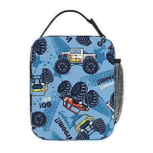 Gbuzozie Monster Truck Cars Pattern Lunch Bag Insulated Portable Reusable Lunch Box With Zipper For Women Men Picnic Beach