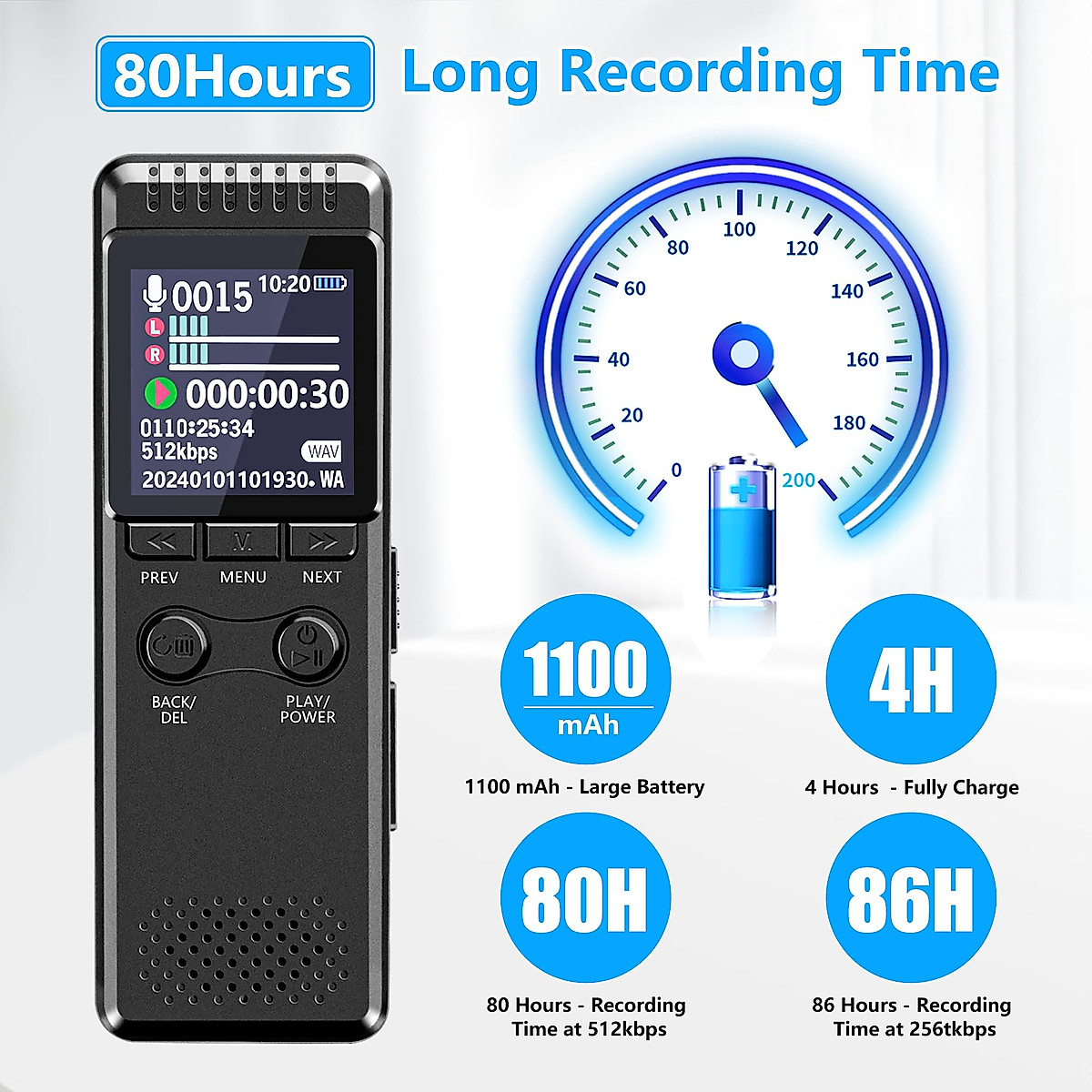 Vivaniir 64GB Digital Voice Recorder, 80 Hours Long-Lasting Battery 1100mAh, Voice Activated Recorder with Playback and Metal Casing, USB-C Audio Recorder for Lecture Meeting Interviews