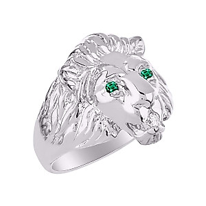 Rylos Conversation Starter Diamonds & Emerald Eyes & Mouth of this Fabulous Lion Head Ring Set in Sterling Silver Size 10