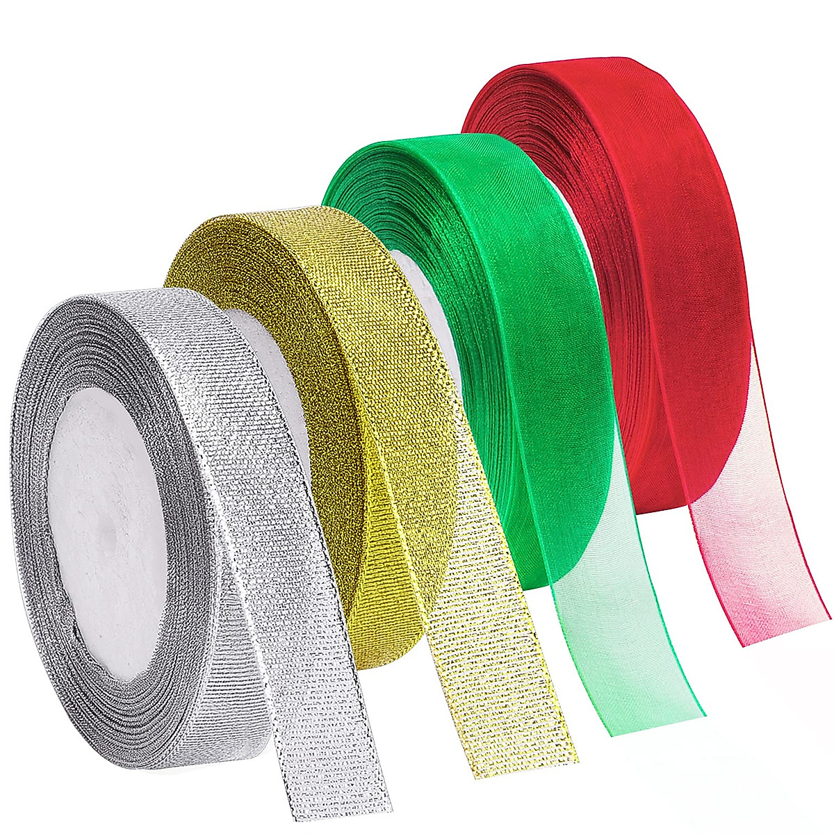 Livder 4 Rolls 4/5 Inch in Width Christmas Metallic Glitter Organza Ribbons Golden, Silvery, Red, Green Ribbon for Gift Wrapping, Christmas Tree Room Decoration