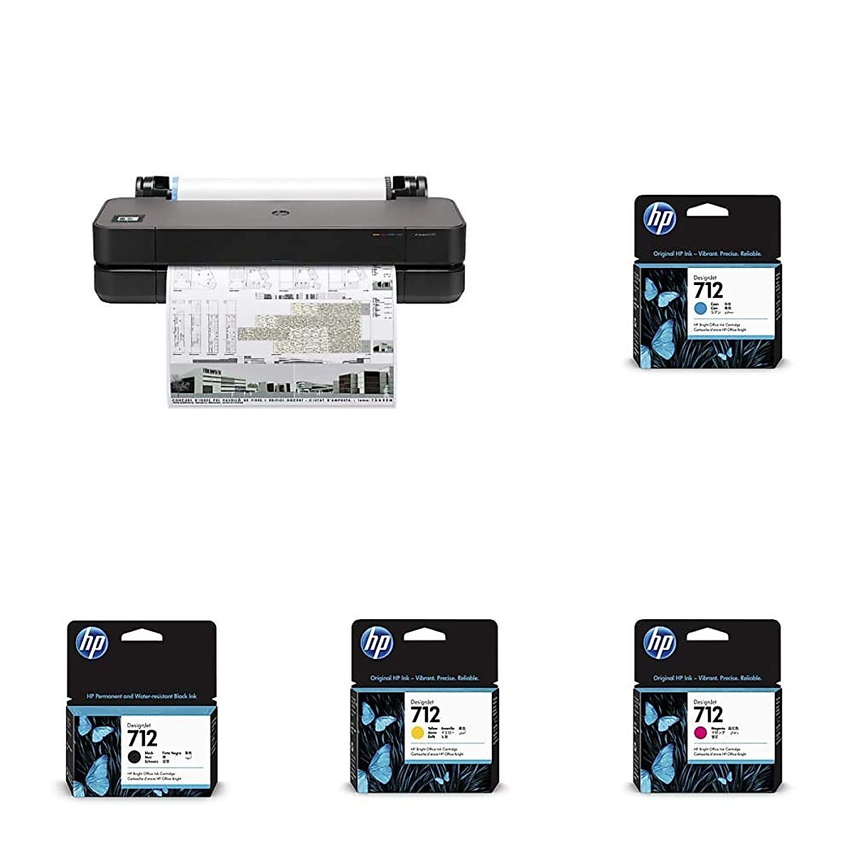 HP DesignJet T210 Large Format Compact Wireless Plotter Printer - 24" (8AG32A), with Standard Genuine Ink Cartridges (4 Inks) - Bundle
