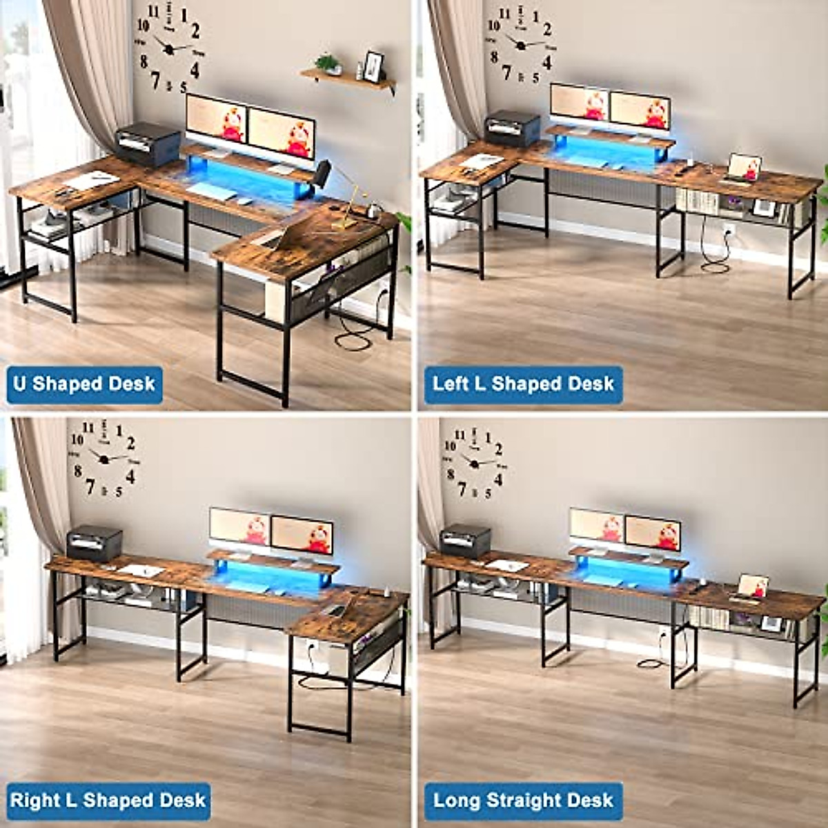 Unikito U Shaped Office Desk with Power Outlet and LED Strip, Reversible L Shaped Computer Desk with Monitor Stand & Storage Shelves, U- Shape Gaming Table, 83 Inch 2 Person Corner Desk, Rustic Brown