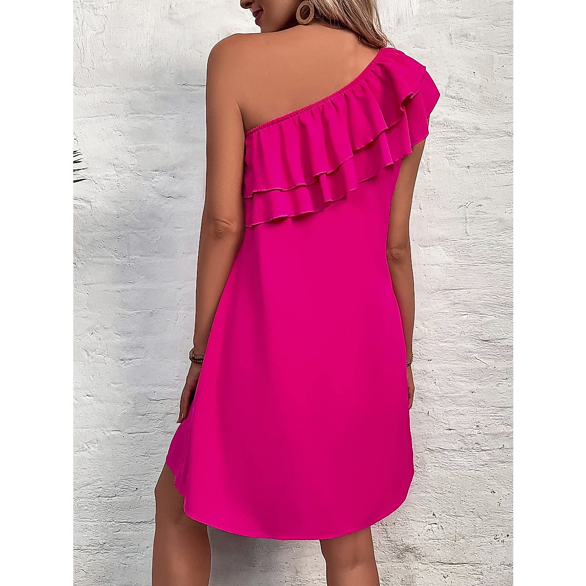 Floerns Women's One Shoulder Tiered Layered Sleeveless Ruffle Trim Tunic Dress A Hot Pink XL