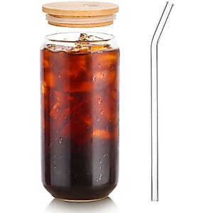 Kxuhivc 1 Pack Glass Cup, 16oz Drinking Glass with Bamboo Lid and Straw, Beer Glass Tumbler for Mojito Soda Smoothies Whiskey Iced Coffee Cocktail Tea Juice