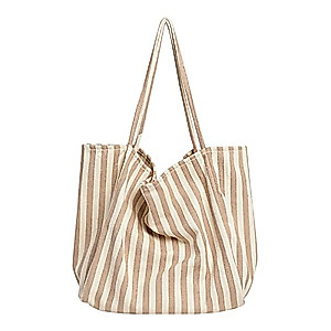 Aoekaff Canvas Tote Bag For Women Girl,Large Capacity Stripey Aesthetic Shoulder Handbags With Pocket For Beach Travel (Apricot Fine Stripe)