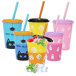 QTOP Halloween Party Color Changing Cups With Lids And Straws,6 Pack 13oz Plastic Tumblers With Lids And Straws Bulk,Reusable Halloween Cups For Party Favors