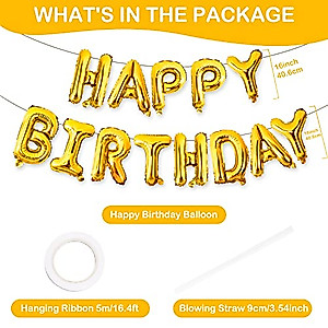 Happy Birthday Balloons Banner, 16 Inch Gold Happy Birthday Letters Sign 3D Mylar Foil Inflatable Birthday Party Decorations for Kids Adults Girls Women Boys Men