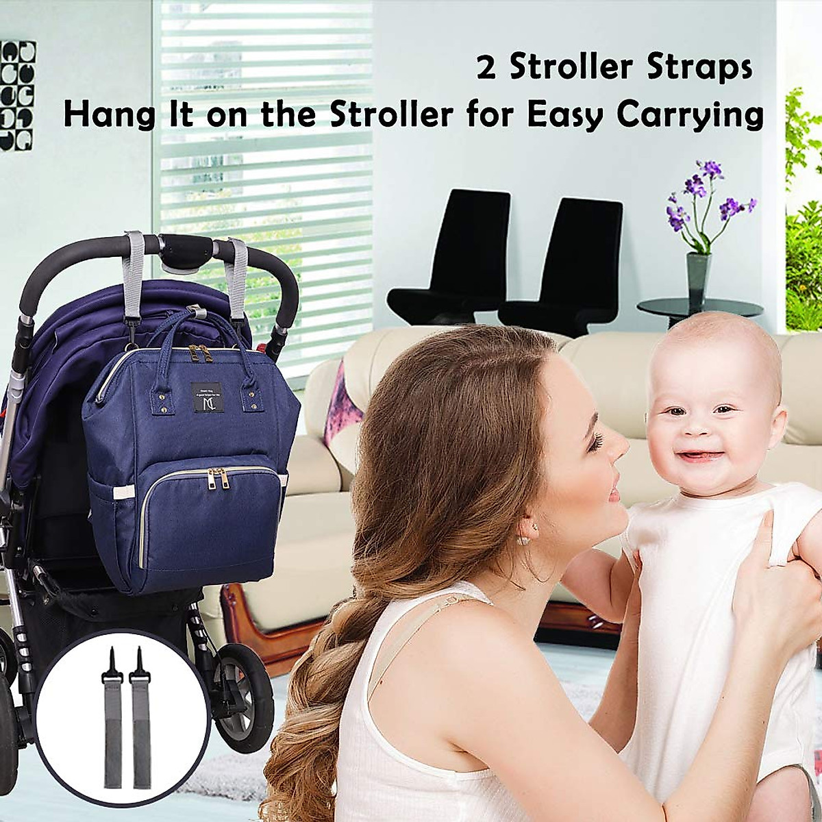 Diaper Bag Backpack Water-resistant, Nanrui 25L Roomy Nappy Bag for Baby Boy and Girl Men Backpack Travel Back Pack with 2 Stroller Straps- Navy Blue