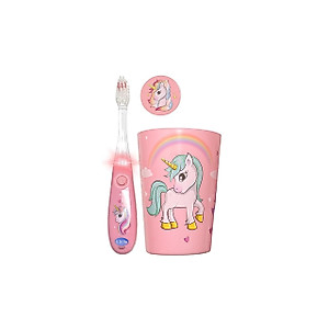 Lily's Home Kids Toothbrush with Flashing Timer with a Cup, Toothbrush Cover and Toothbrush Holder. Unicorn