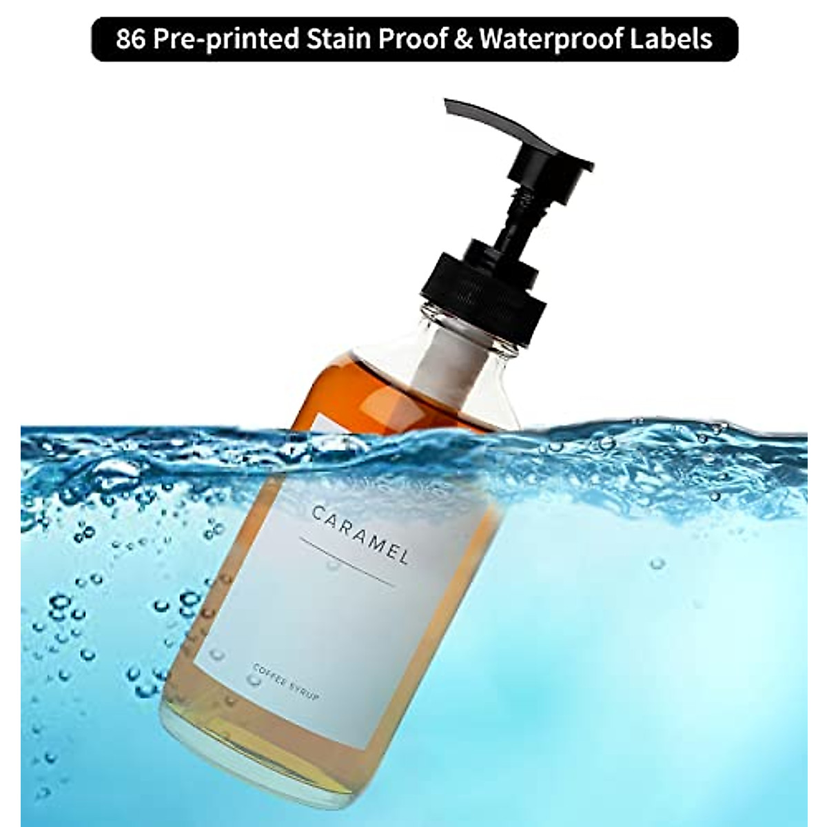 Jweltz Coffee Syrup Dispenser - 4-Pack Glass Pump Bottles with 86 Coffee Syrup Labels - Clear Sleek Coffee Bar Accessories, Kitchen Decor for Counter & Housewarming Gift - 8oz. (Black)