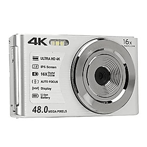 Compact Camera, 48MP Image Resolution Built in Fill Light Compatible 256GB Memory Card Rechargeable Lithium Ion Battery 4K Digital Camera for(Silver)