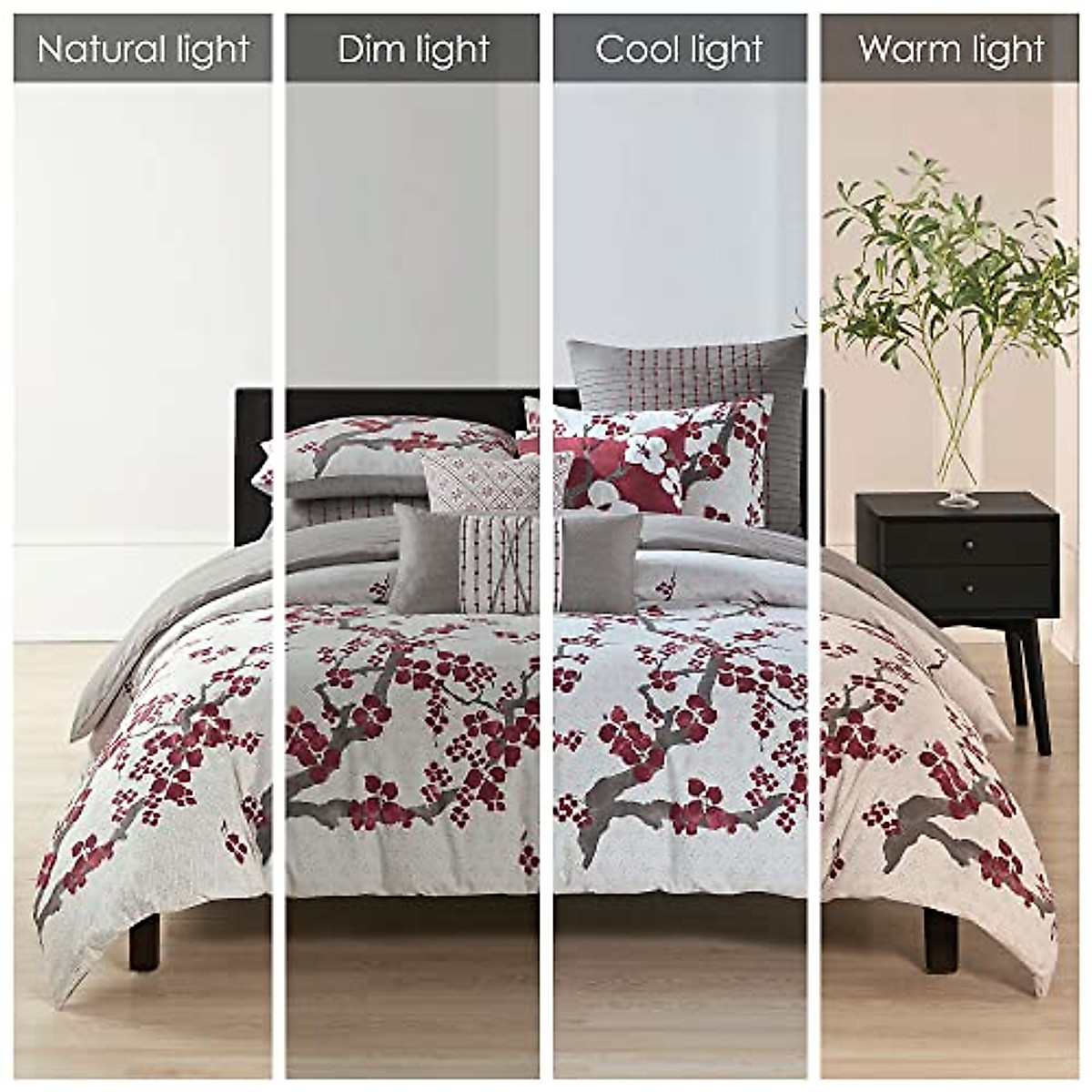 N Natori Cherry Blossom Duvet Cover Queen Size - Red, Grey , Cherry Blossom Duvet Cover Set – 3 Piece – 100% Cotton Sateen Light Weight Bed Comforter Covers