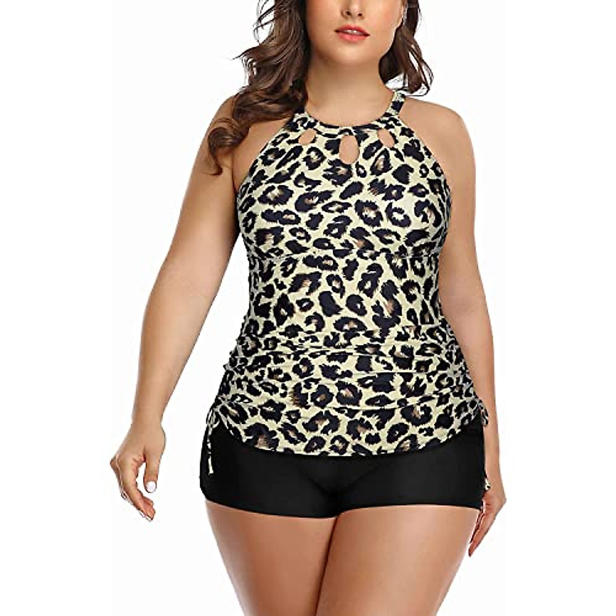 Aqua Eve Women Two Piece Plus Size Swimsuit High Neck Tankini Set Tummy Control Bathing Suit with Shorts Leopard 18W