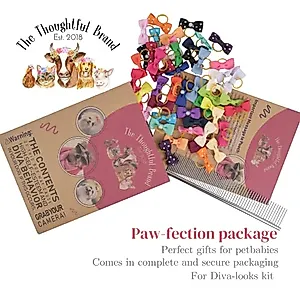The Thoughtful Brand 50 Pcs Dog Bows with Rubber Bands (25 Pairs) - Durable Dog Hair Bows That Won’t Pull Your Dog’s Hair - Premium Dog Bows Girl Plus Bonus Grooming Comb, Cuter and better