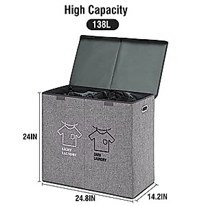 TECHMILLY Double Laundry Hamper with Lid, 140L Large Foldable Dirty Cloth Basket 2 Section with Removable Liners, Tall Divided Laundry Baskets with Handles for Bedroom, Closet, Bathroom - Grey