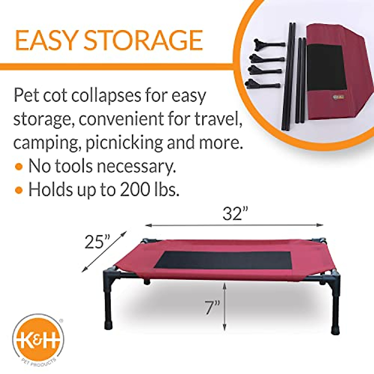 K&H PET PRODUCTS Elevated Cooling Outdoor Dog Bed Portable Raised Dog Cot Red/Black Medium 25 X 32 X 7 Inches