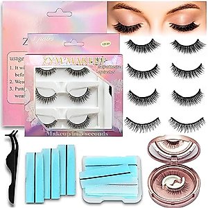 Self Adhesive Eyelashes, 4 Pairs False Eyelashes Natural Look,Reusable Adhesive Eyelashes,Self Adhesive Eyelashes Reusable Self Sticking,Waterproof No Glue Eyelashes, False Lashes for Women Gift