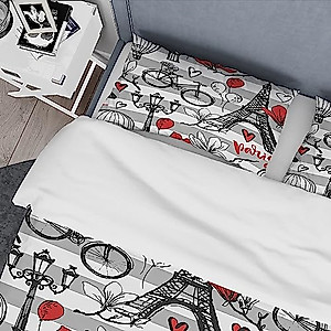 DESIGN ART Designart 'Paris Eiffel Red Hearts II' Mid-Century Duvet Cover Set Twin Cover + 1 sham (Comforter not Included) 2 Piece