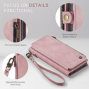 Defencase Wallet Case for Women Men, Durable PU Leather Magnetic Flip Lanyard Strap Wristlet Zipper Card Holder Phone Cases for iPhone 11 6.1-inch, Rose Pink