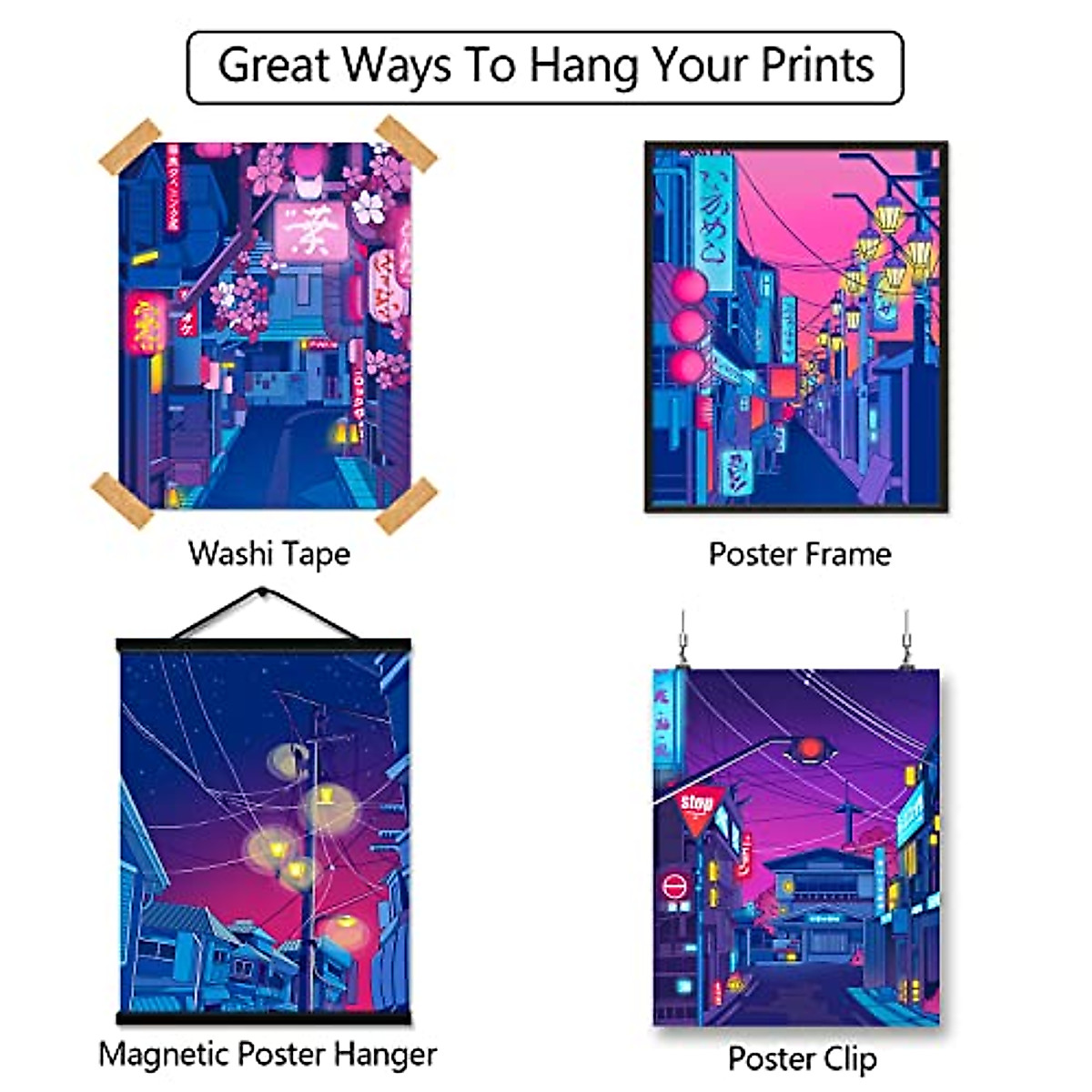 DALIHEBO Anime Posters Japanese Wall Art Set of 4 - Anime Art Tokyo Streets in the Night Sky Wall Decor Poster for Living Room Bedroom Kitchen UNFRAMED 8x10 inch