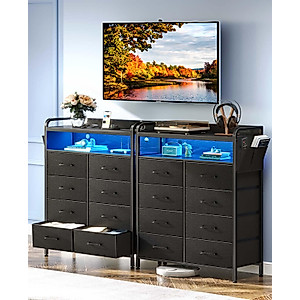 Rolanstar Dresser with Power Outlets and LED Lights, 8 Drawers Dresser with Side Pockets, Fabric Chest of Drawers with PU Finish, Tall Dresser with Sturdy Frame & Wood Top for Bedroom, Black