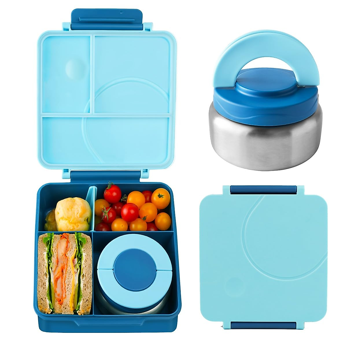SKIEXOAD Bento box for kids - Insulated Lunch Box with 8oz thermos Food Jar ，Leak-proof Lunch Containers with 4-compartment BPA free and microwave-safe Gifts for kids (blue