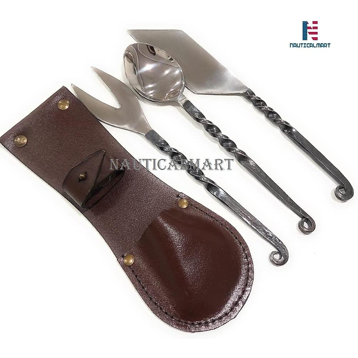 NauticalMart Medieval Feasting Set 3 Pieces Cutlery Knife, Fork, Spoon with leather Case