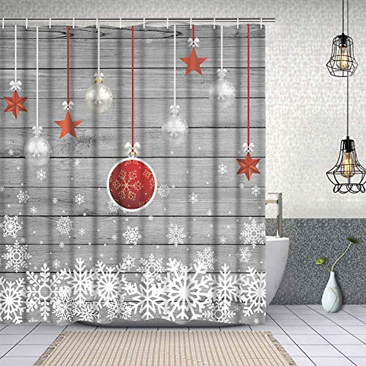 Ikfashoni 4 Pcs Christmas Shower Curtains Set with Non-Slip Rugs, Toilet Lid Cover and Bath Mat, Grey Vintage Wooden Shower Curtain with 12 Hooks, Xmas Snowflake Shower Curtain for Bathroom