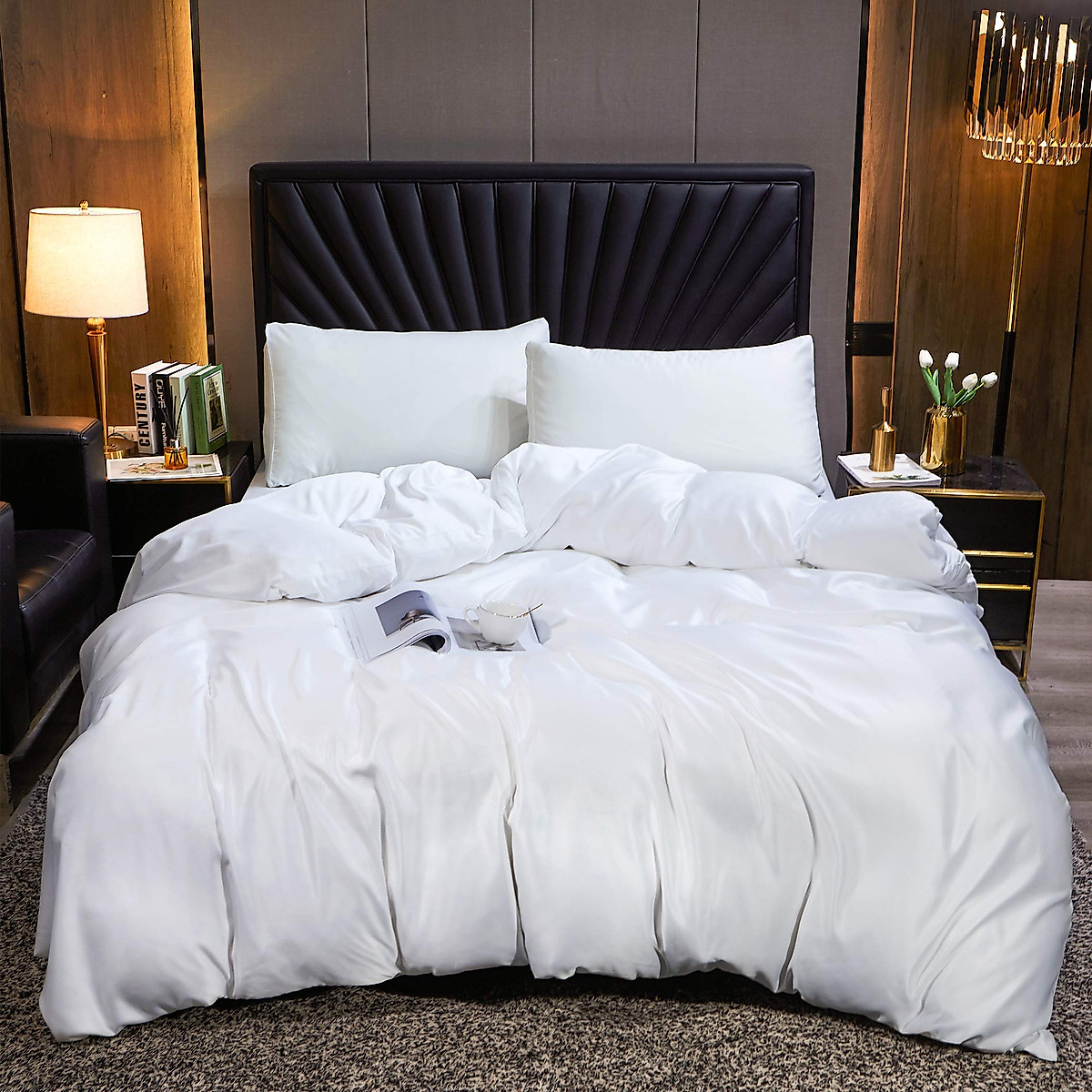 Opulence Bedding Silk Satin Duvet Cover Set White California King 3 Piece (Duvet Cover + 2 Pillowcases) Comforter Cover California King Size Zipper Closure