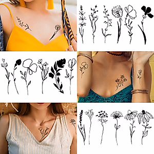Cerlaza 75 Styles Tiny Black Flower Branch Temporary Tattoos For Women, 16 Sheets Realistic Wild Flower Floral Small Fake Tattoo, Wild Plant Tattoo Stickers for Adults Women Hands Legs Body Sticker