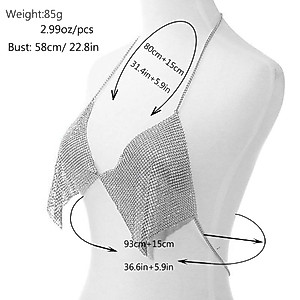 JEWEKY Rhinestone Bra Chain Top Silver Sparkly Crop Top Body Chain Beach Nightclub Rave Bikini Chest Accessories Jewelry for Women