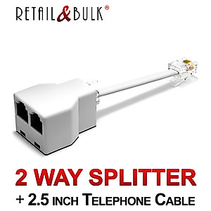 RetailAndBulk Phone Jack Splitter for Landline Telephone RJ11 6P4C 2 Way Adapter (1 Splitter + 3 Inch Cable)