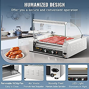 VEVOR Hot Dog Roller, 30 Hot Dog Capacity 11 Rollers, 1800W Stainless Steel Cook Warmer Machine w/Cover & Dual Temp Control, LED Light & Detachable Drip Tray, Sausage Grill Cooker for Kitchen Canteen