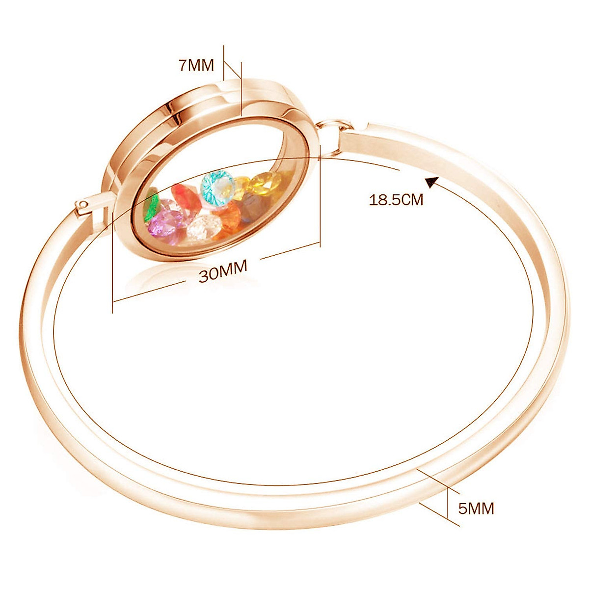 BG247 Stainless Steel 30mm Glass Floating Memory Living Locket Bangle Bracelet (Rose Gold Rhinestone Circle, 8)
