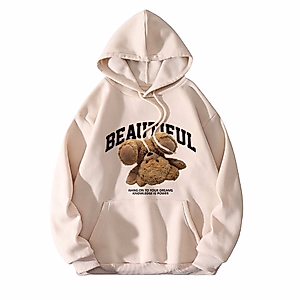 GORGLITTER Women's Graphic Letter Print Preppy Hoodies Long Sleeve Drop Shoulder Drawstring Pullover Sweatshirt Khaki Small