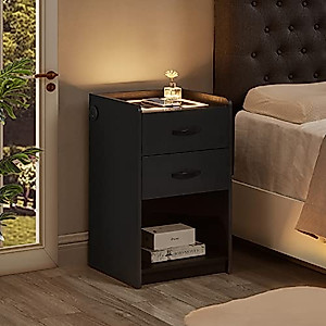 OLD CAPTAIN Nightstand with Wireless Charging Station, Smart Bedside Tables with Drawers and Open Storage Shelf for Bedrooms (Black Elm) … … …