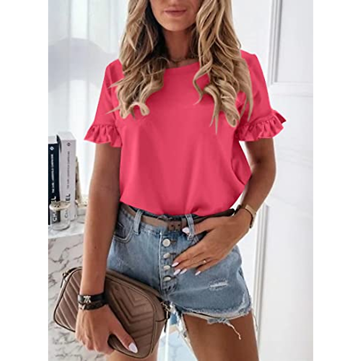 PRETTYGARDEN Women's Short Sleeve Casual T Shirts Summer Ruffle Plain Round Neck Loose Fit Tee Blouse Tops Watermelon Red