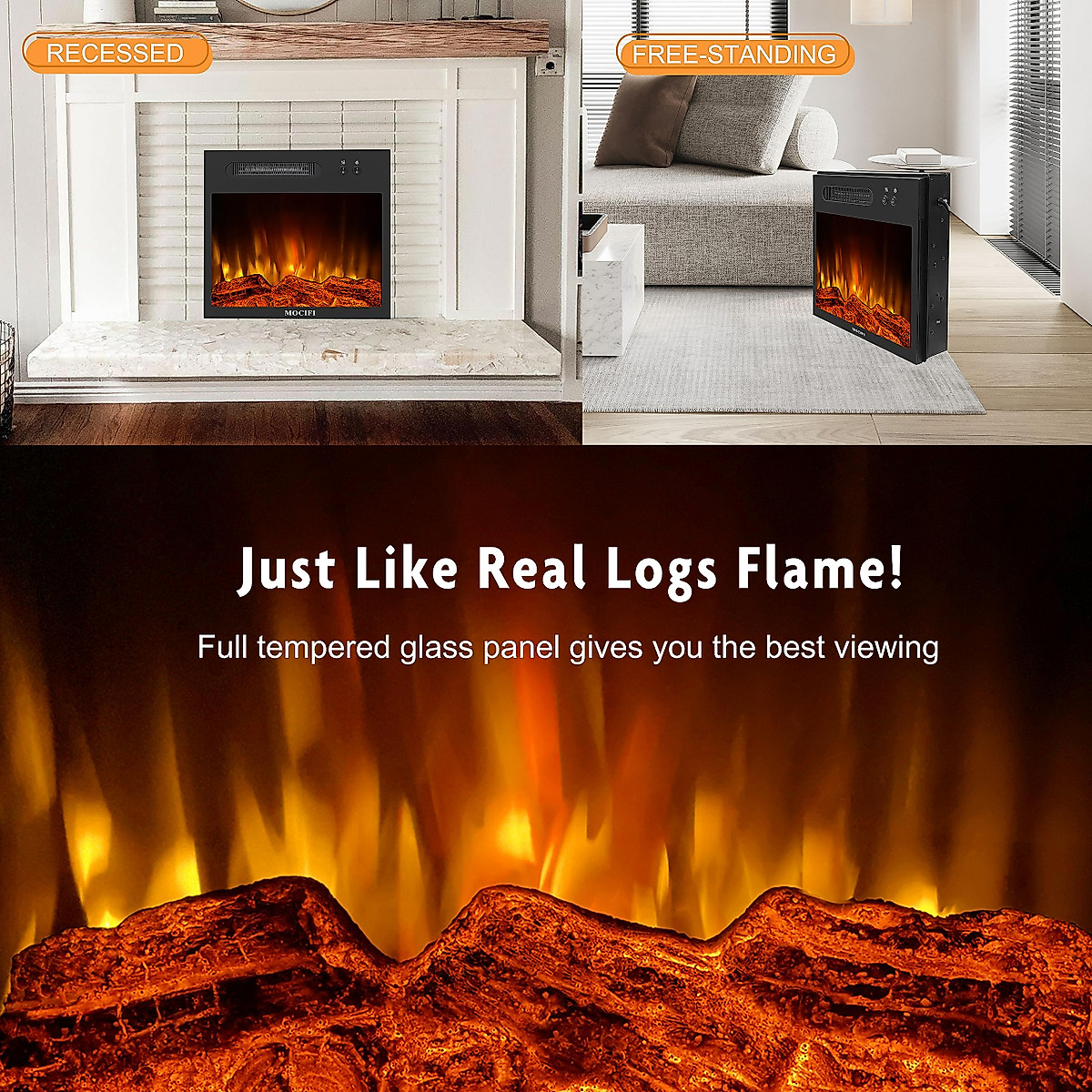 MOCIFI 18 inch Built-in Electric Fireplace Insert Heater, Recessed Freestanding Fireplace, Remote Control, Touch Screen, Adjustable Flame Brightness Speed, Low Noise, 1000W, Black